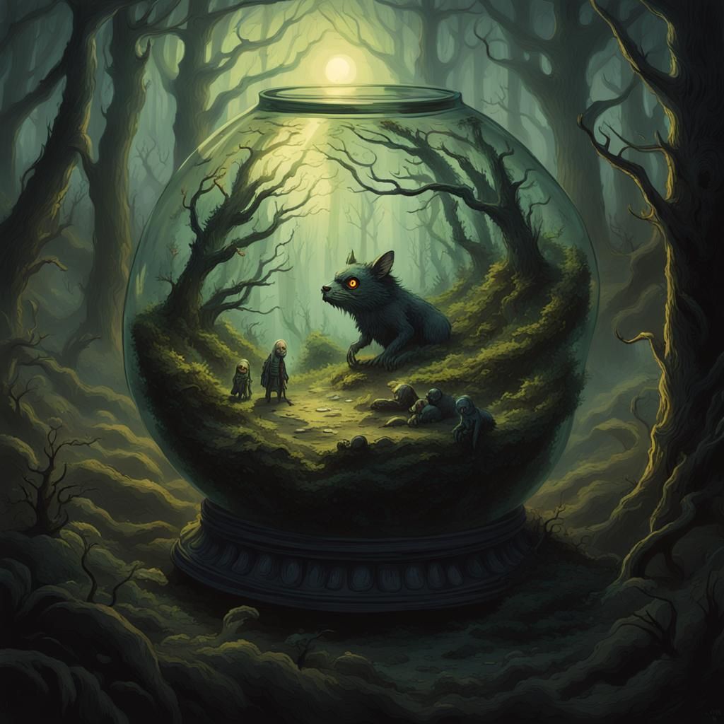 a tiny dark forest in a terrarium with glowing eyes horror Gustave Doré ...