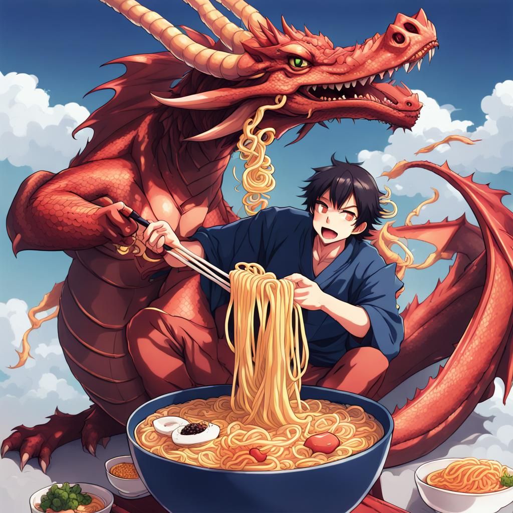 man riding a dragon eating ramen - AI Generated Artwork - NightCafe Creator