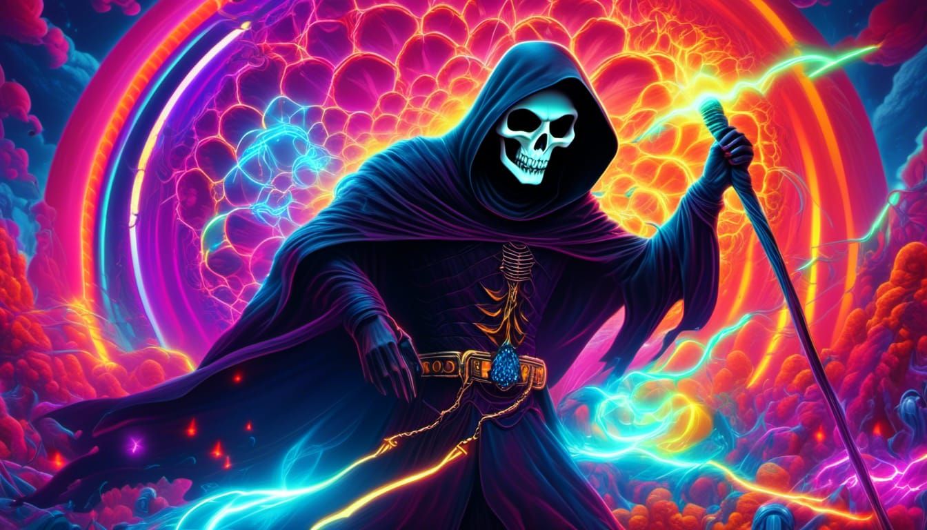 A surreal scene featuring a grim reaper character enjoying electronic ...