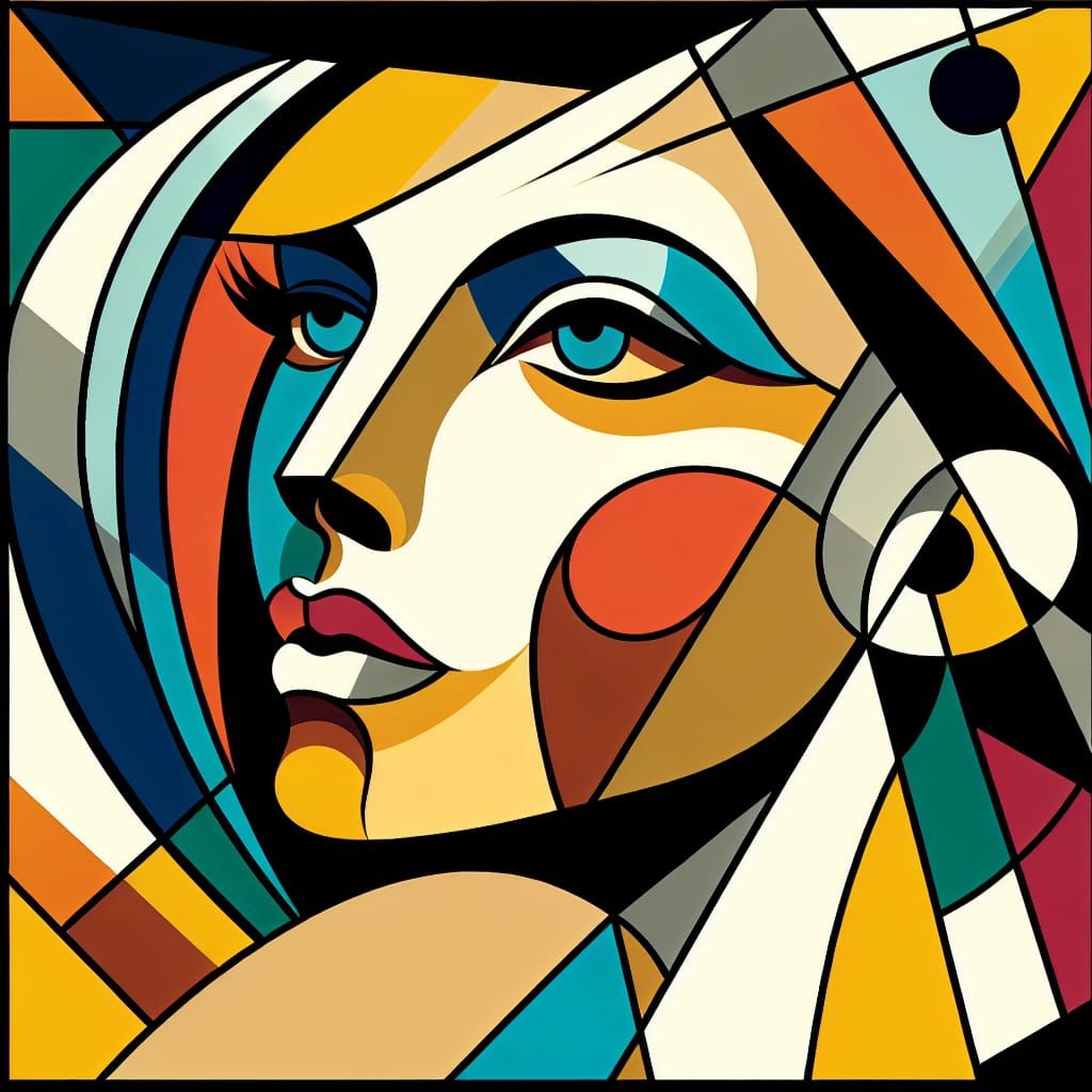 Geometric Cubist Woman in Primary Colors - AI Art