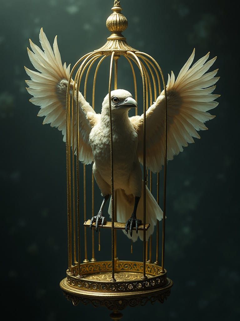 Bird in Golden Cage, Haunted by Darkness and Faint... - AI Art
