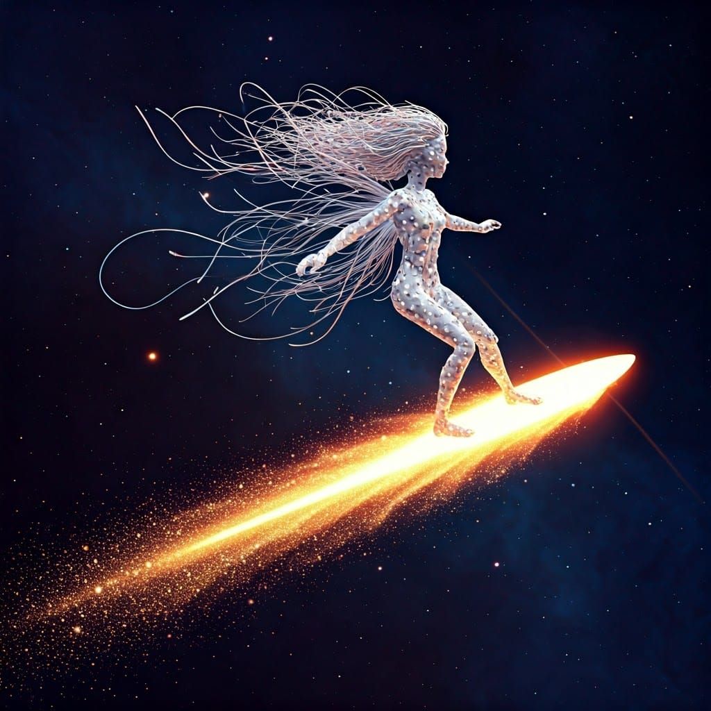 Worm's eye view of a kawaii Galactic fairy surfer made from intricate ...