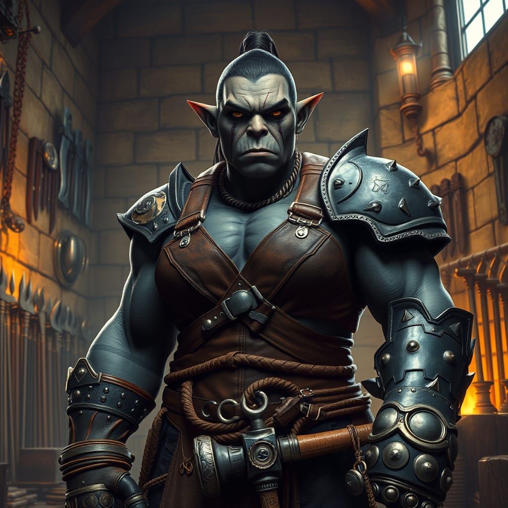 Imposing Female Orc Stands Tall in Armory, Surroun... - AI Art