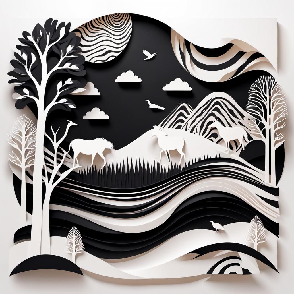 2d flat paper art, cut black paper shapes on flat white field, zebra ...