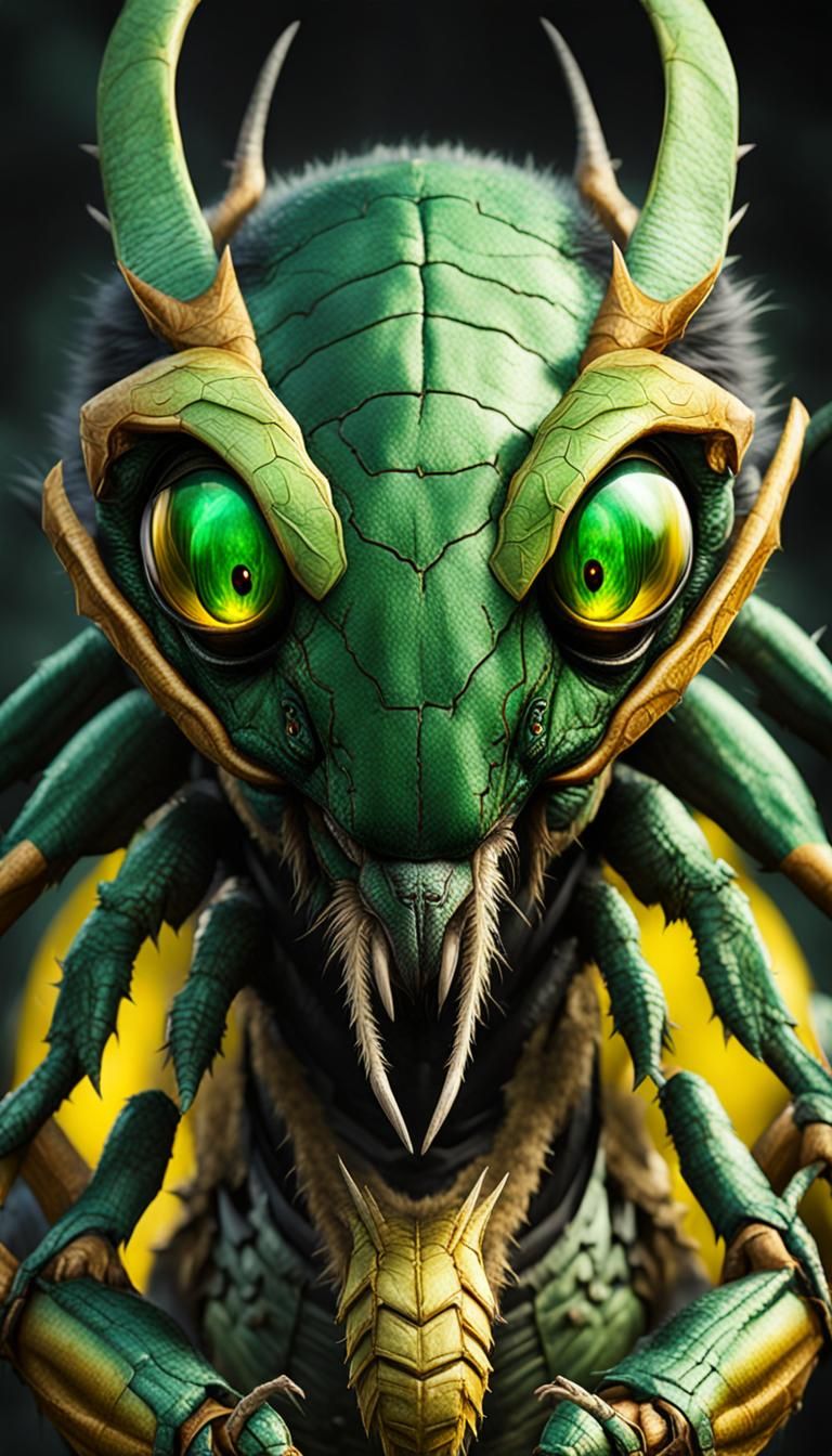 Alian Bug queen big green yellow eyes big in big fangs multicolor - AI ...