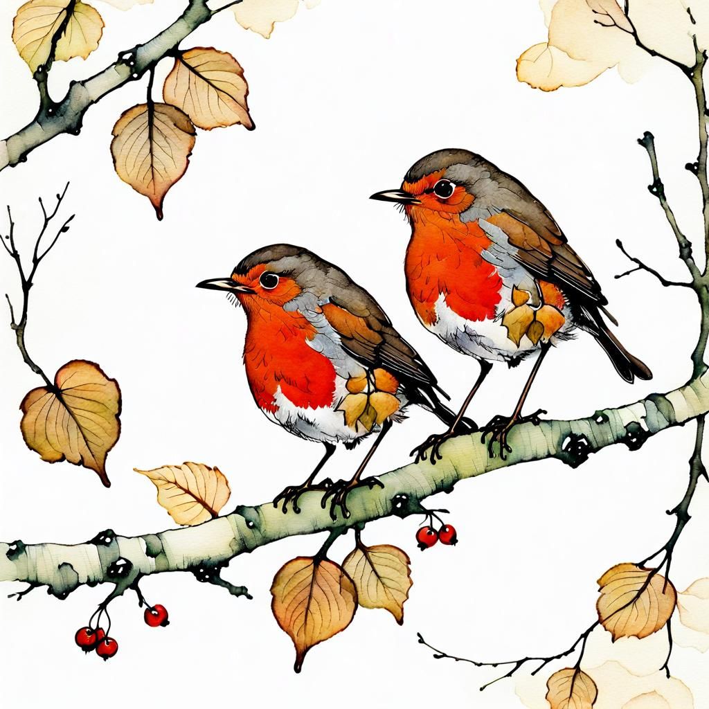 Two English robins on a branch - AI Generated Artwork - NightCafe Creator