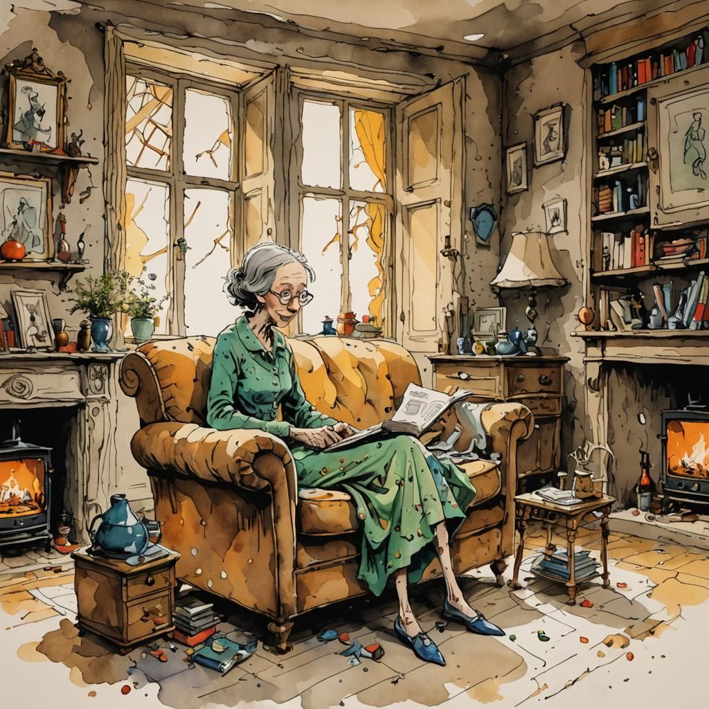 Ink sketch children's illustration of Mrs Haversham, in her Web and ...