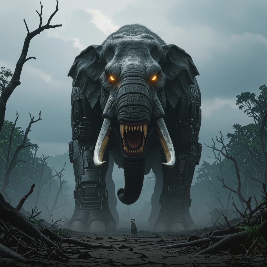 Menacing Elephant-Horse Hybrid Roars in Foggy Jung... - AI Art