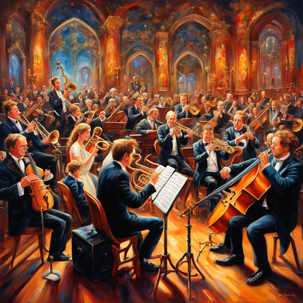 Orchestra - Ethereal Orchestra Scene in Whimsical Oil Paint...