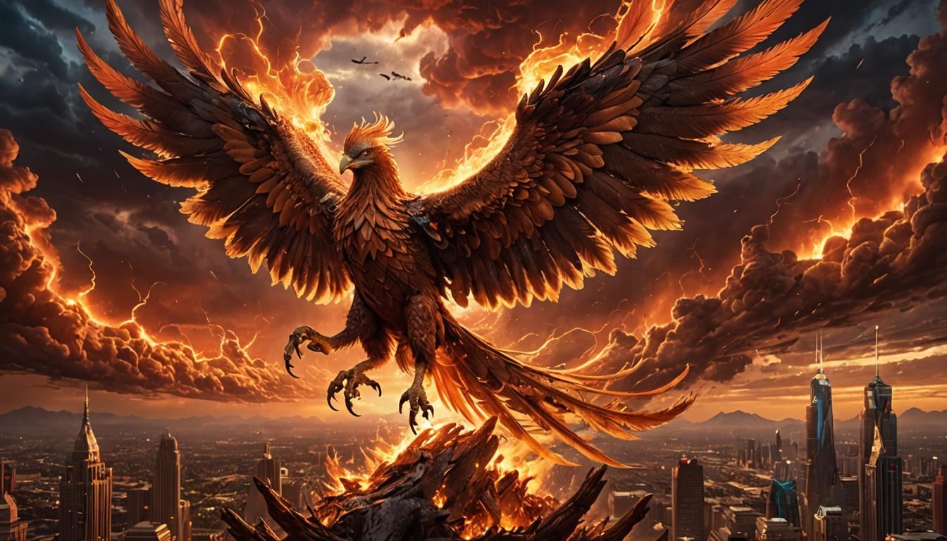The legendary phoenix rises from the ashes against a backdrop of fiery ...