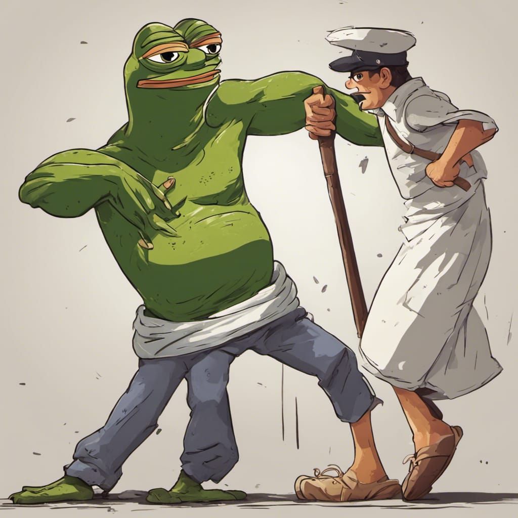 An old Pepe being beaten by a young Pepe standing on top of him - AI ...