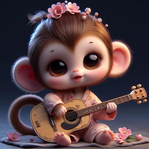 Kawaii, cute, adorable baby monkey plays guitar, art by Kohinoor - AI ...