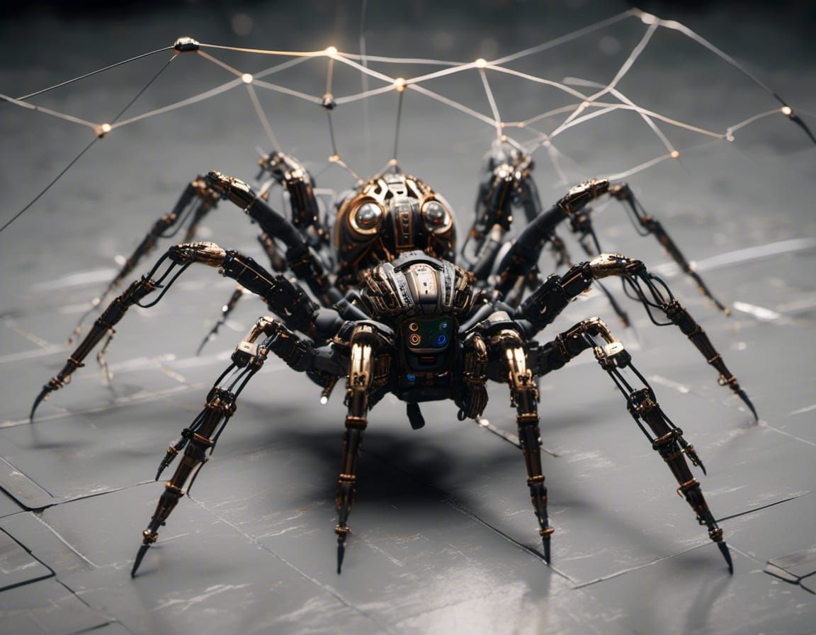 Tarantula, with cyborg metal legs, spinning a metal web, intricate mech ...