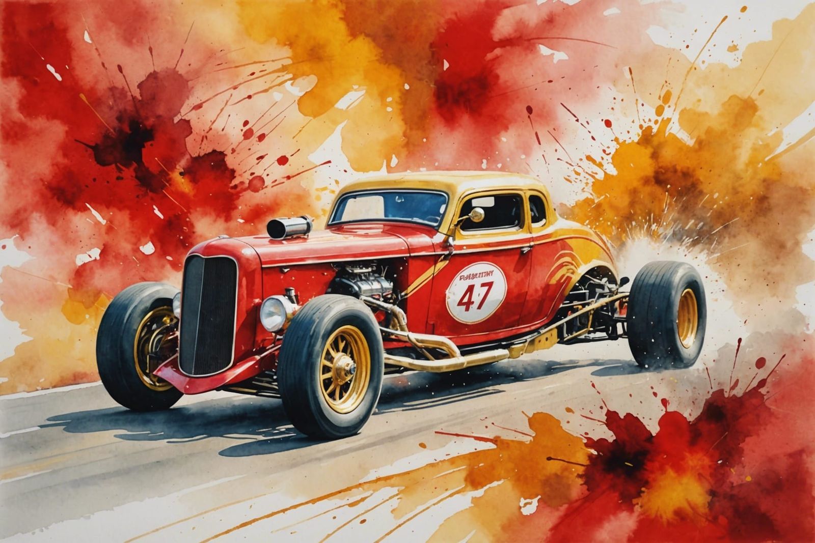 Red and gold dragster pulling ahead, dust everywhere, abstract ...