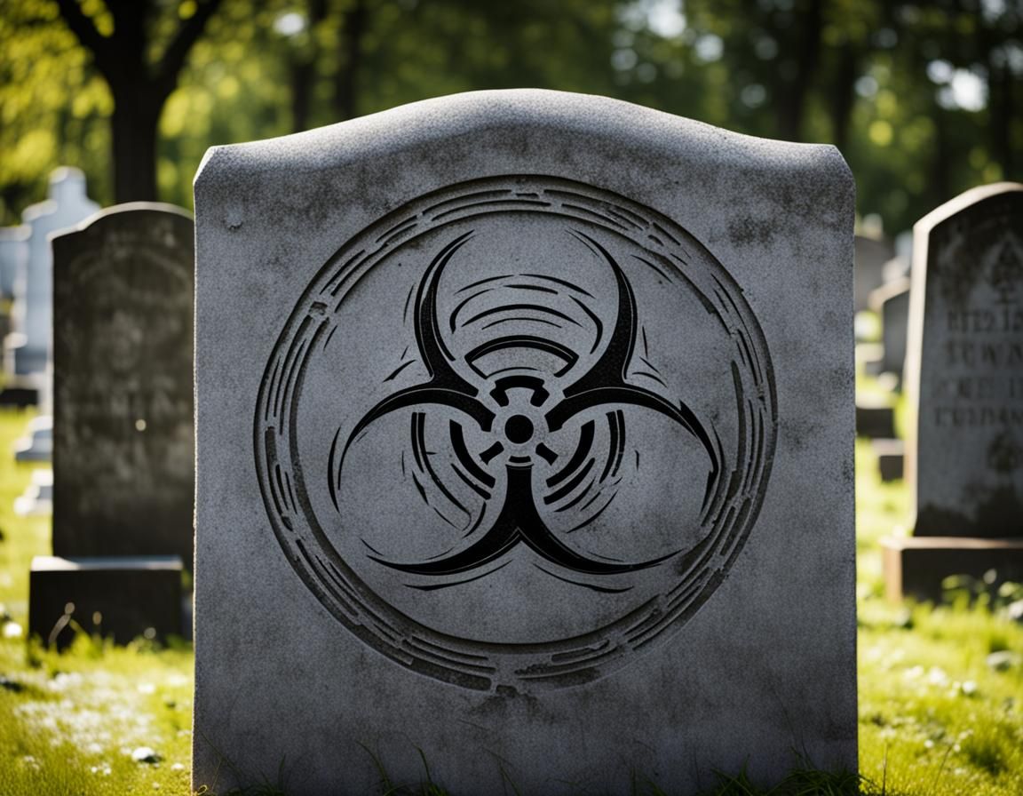 A biohazard icon etched into a tombstone in a graveyard - AI Generated ...