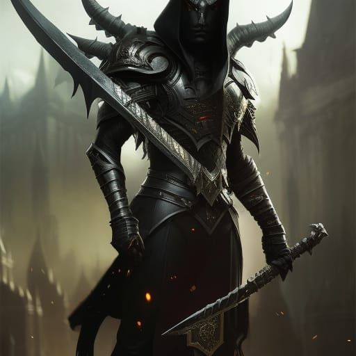 fantasy dark black demon with heavy armor, full body portrait, concept ...