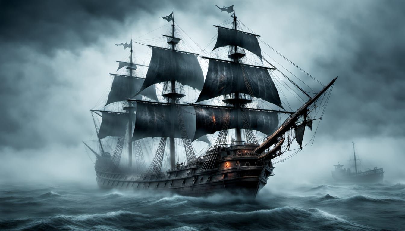TERRIFYING HAUNTED GHOST SHIP WITH RIPPED AND TORN SAILS AND SKELETAL ...