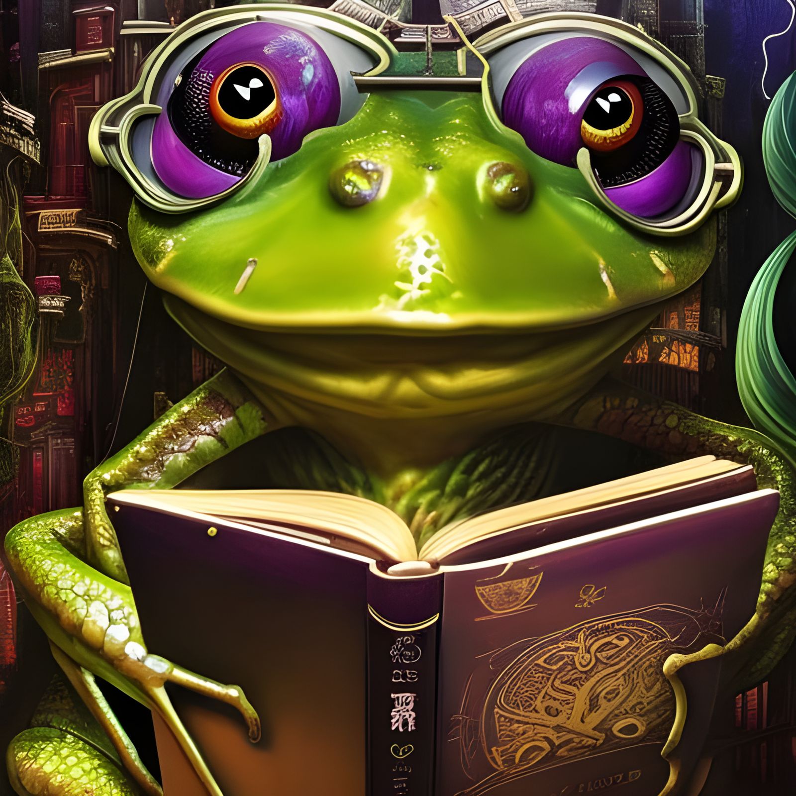 Old man Frog, reading Anthropomorphic cute cyberpunk synth wave frog ...