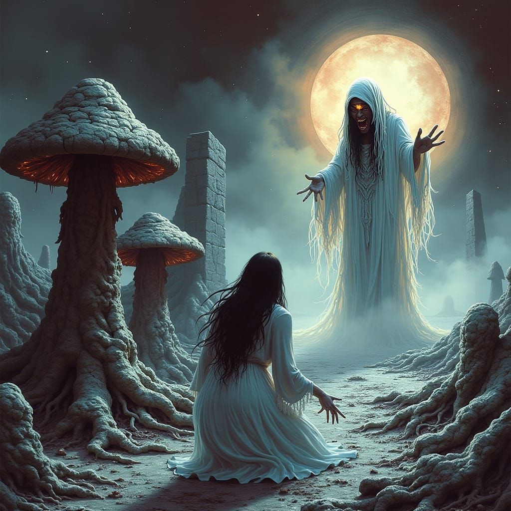 A tormented banshee, clad in tattered, white flowing robes with wispy ...