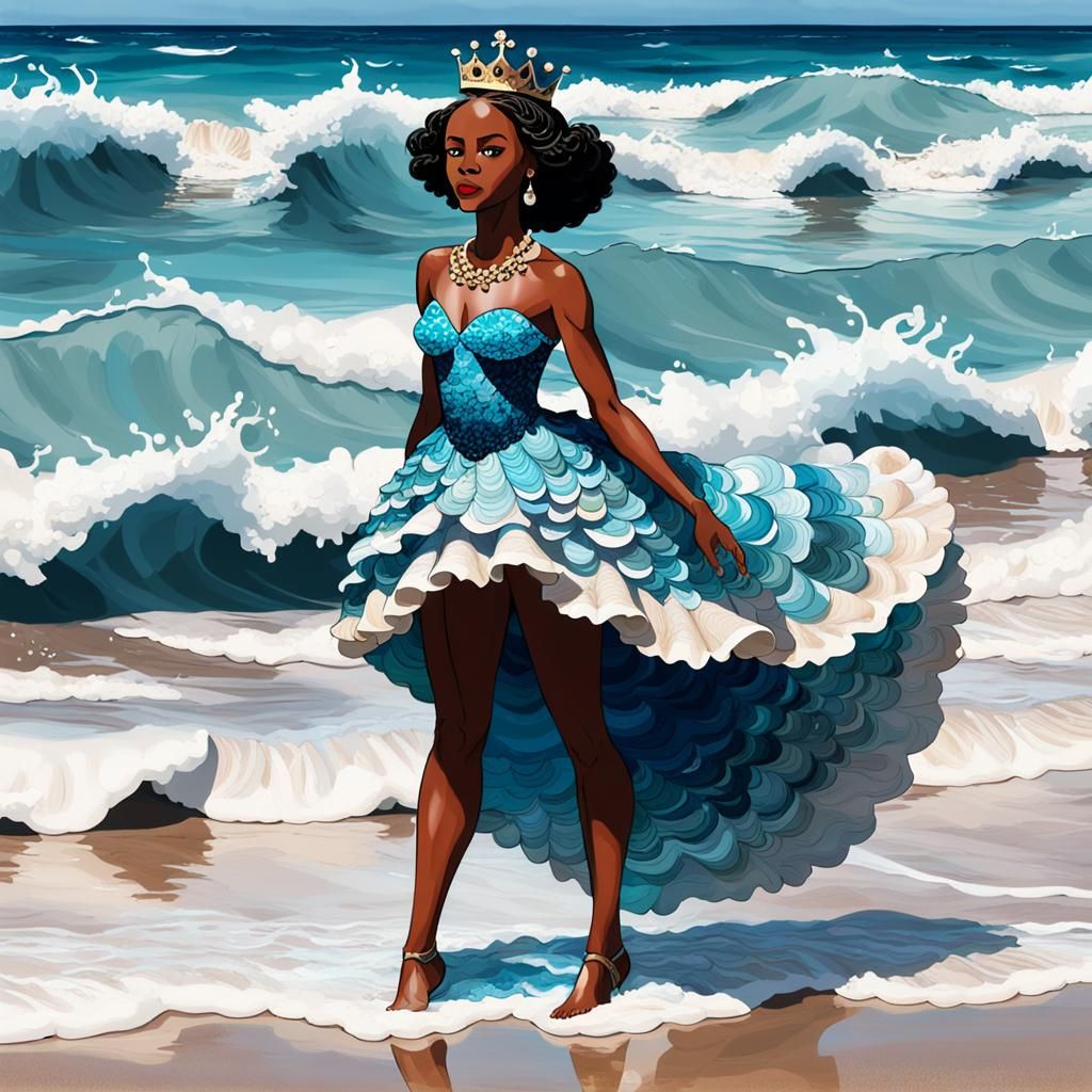 African American lady standing on the beach. Waves of Caribbean blue ...