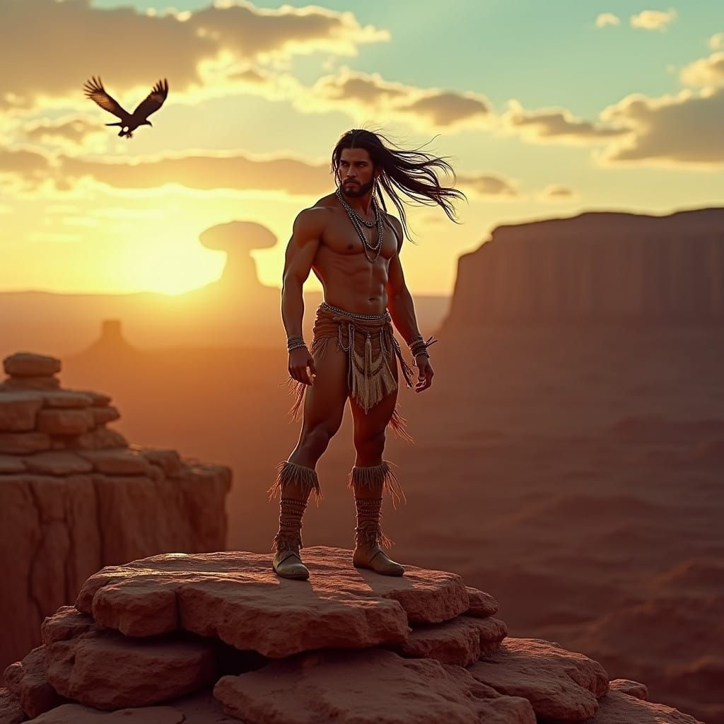 Native American Hero in Sunset Desert Landscape wi... - AI Art