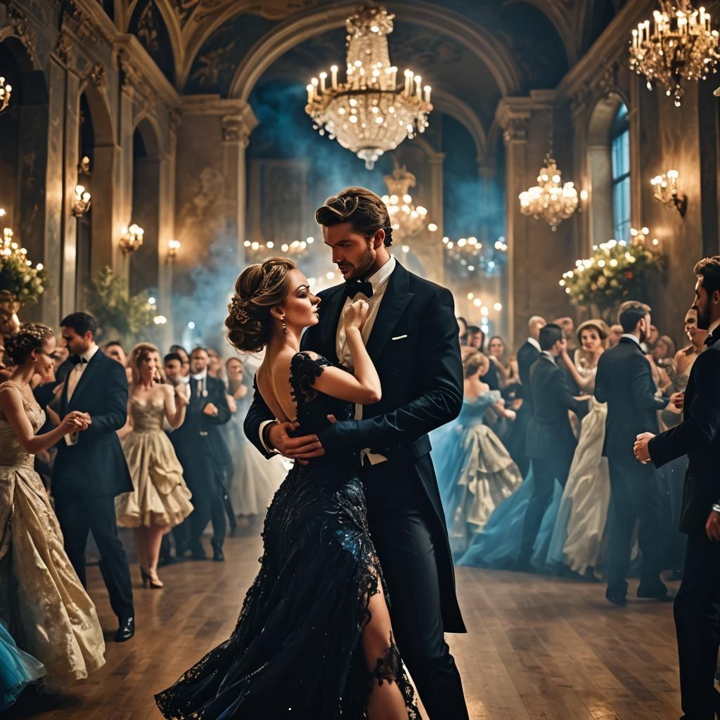 (masquerade ball, people dancing in the background) wide-shot full-body ...