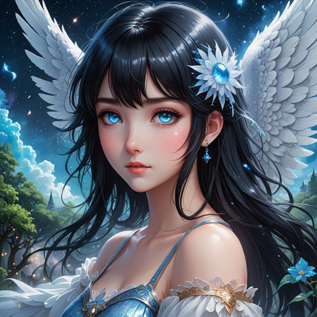 Gentle Anime Angel with Dark Bangs and Piercing Bl... - AI Art