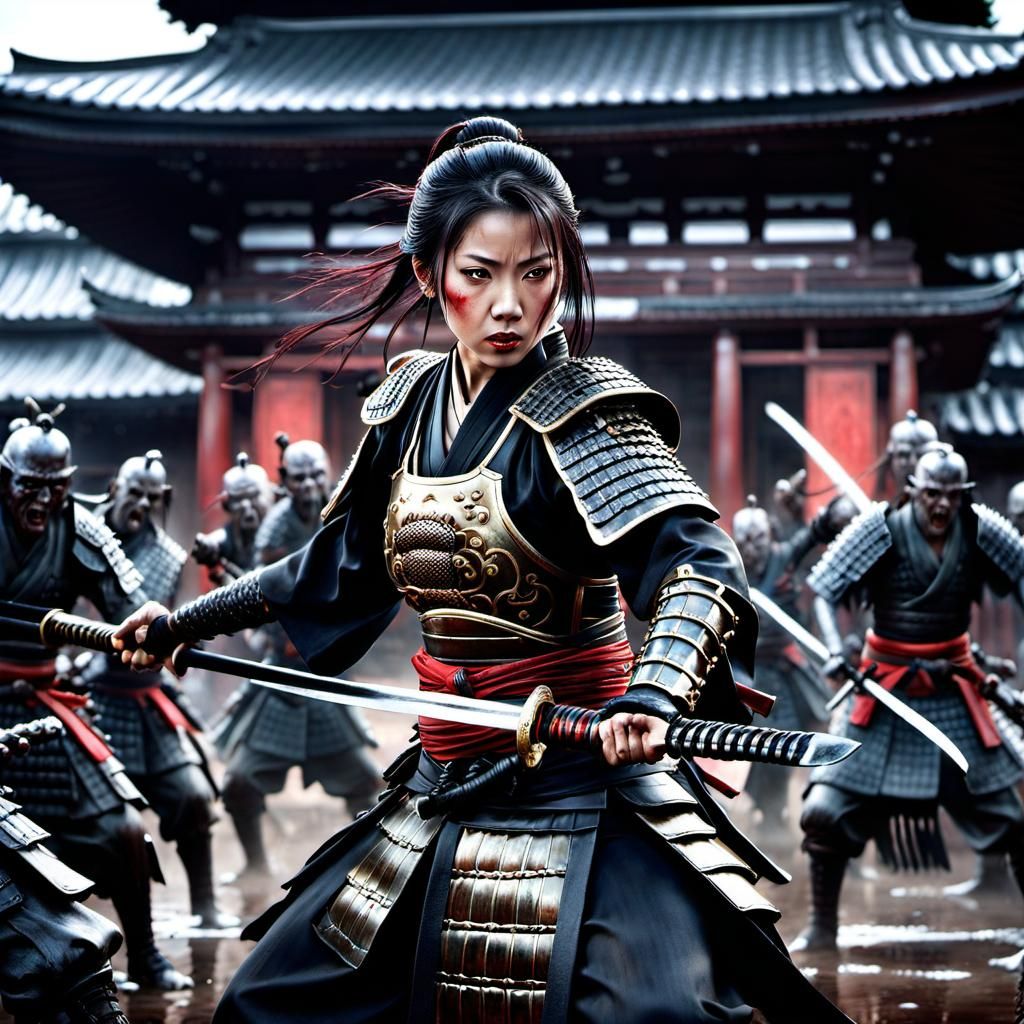 detailed battle scene, image of a beautiful fierce and determined but wounded Japanese woman, in ...