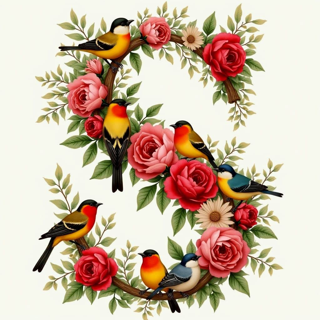 “S”ongbirds - Colorful Songbirds Fill a Whimsical Rose-Shape...