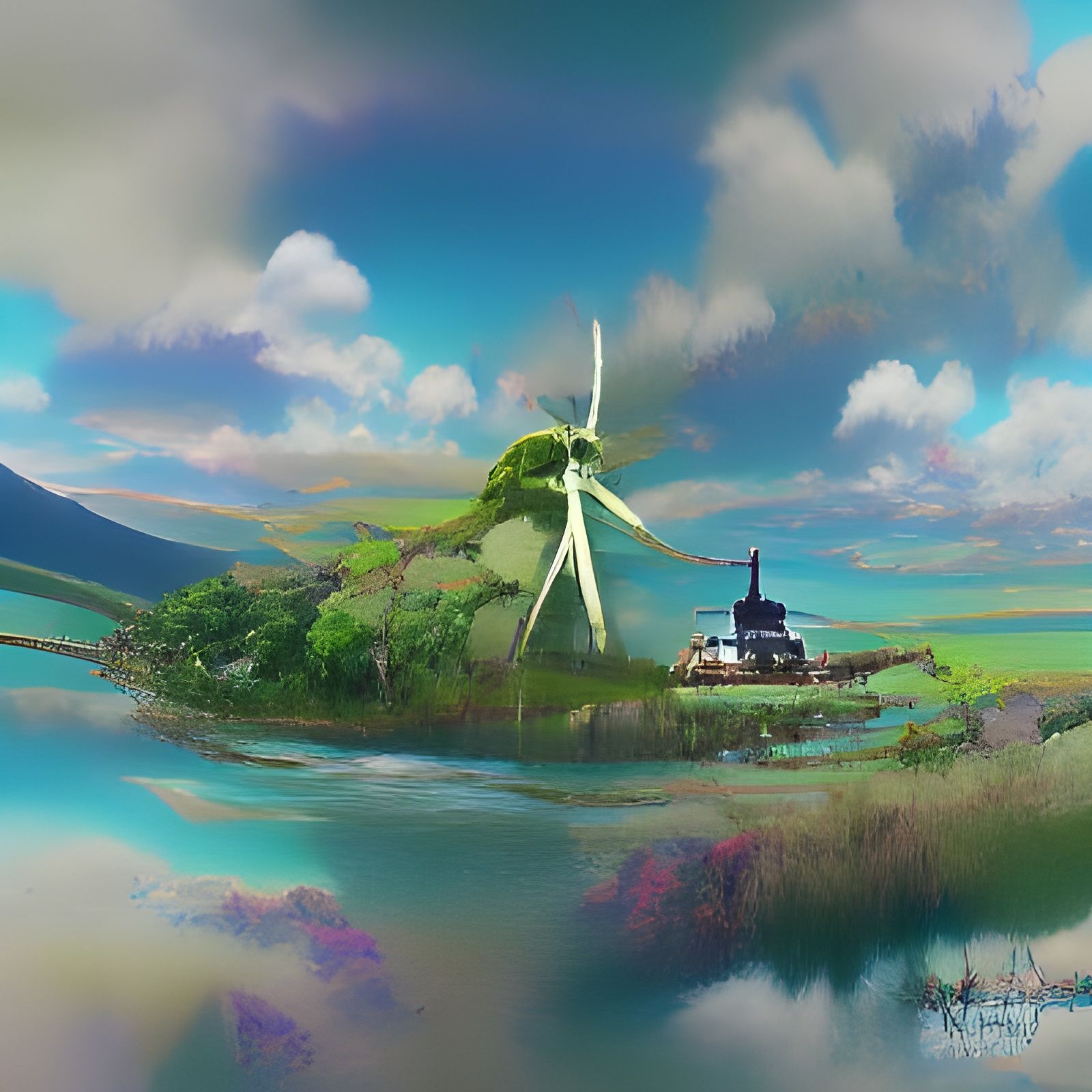 Old windmill, Feel good inc, Gorillaz, floating island, landscape, 4k ...