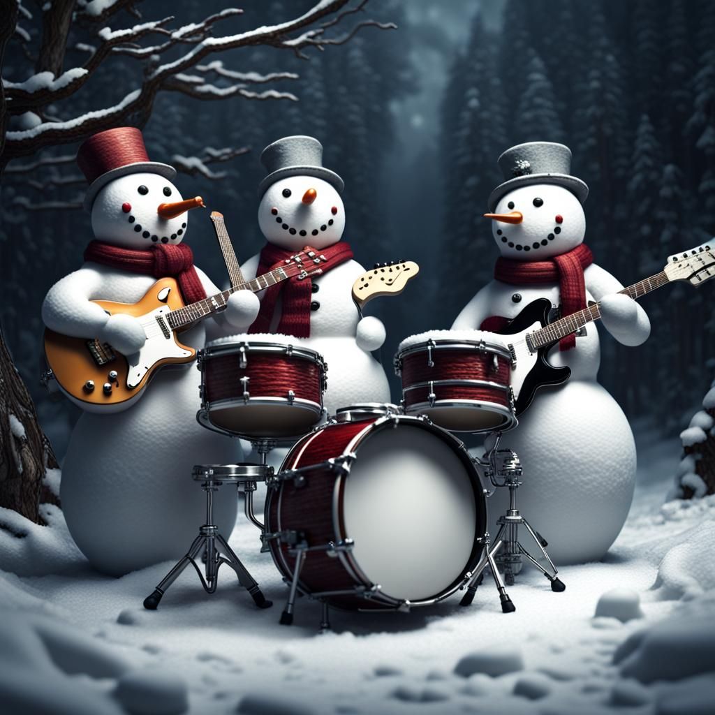 Snowmen band playing drums and an old Jackson electric guitar - AI ...