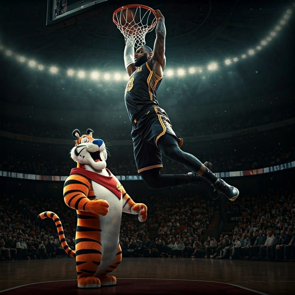 Lebron James Dunking Over Tony the Tiger in Moody ... - AI Art