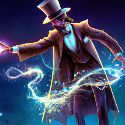 Wizard, stoic magician, dancing intricate lights, levitation, top hat ...