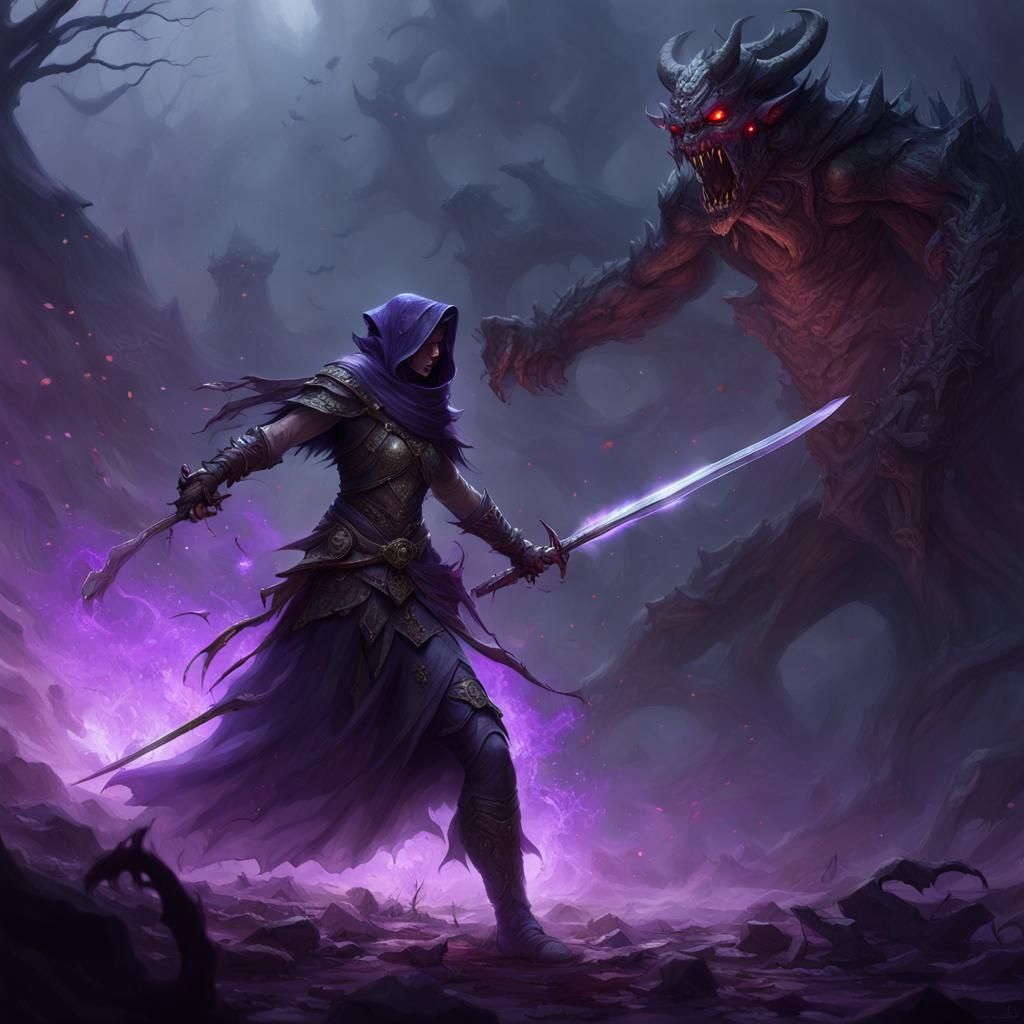 a woman worrier fight a battle with shadow demon in a mist of dead ...