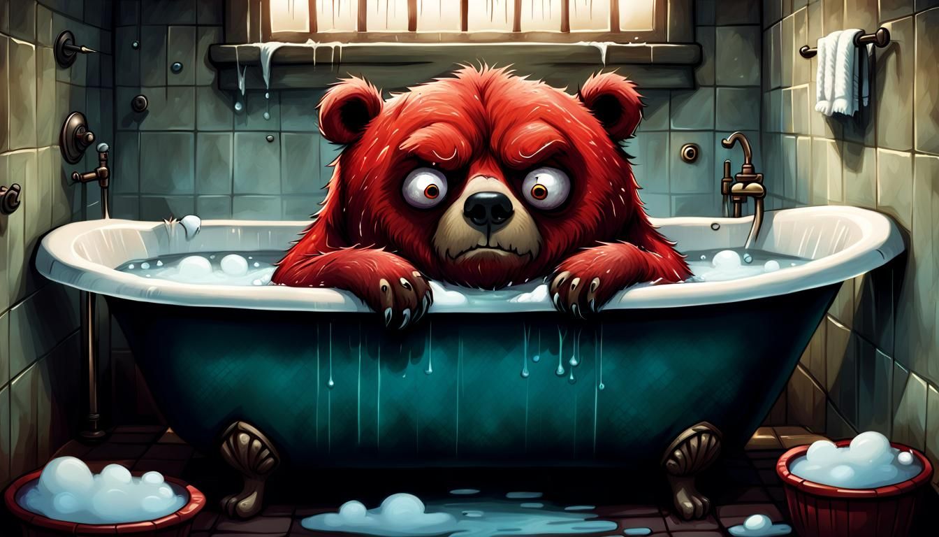 Grumpy Red Bear Stares Down Bathtub - AI Art