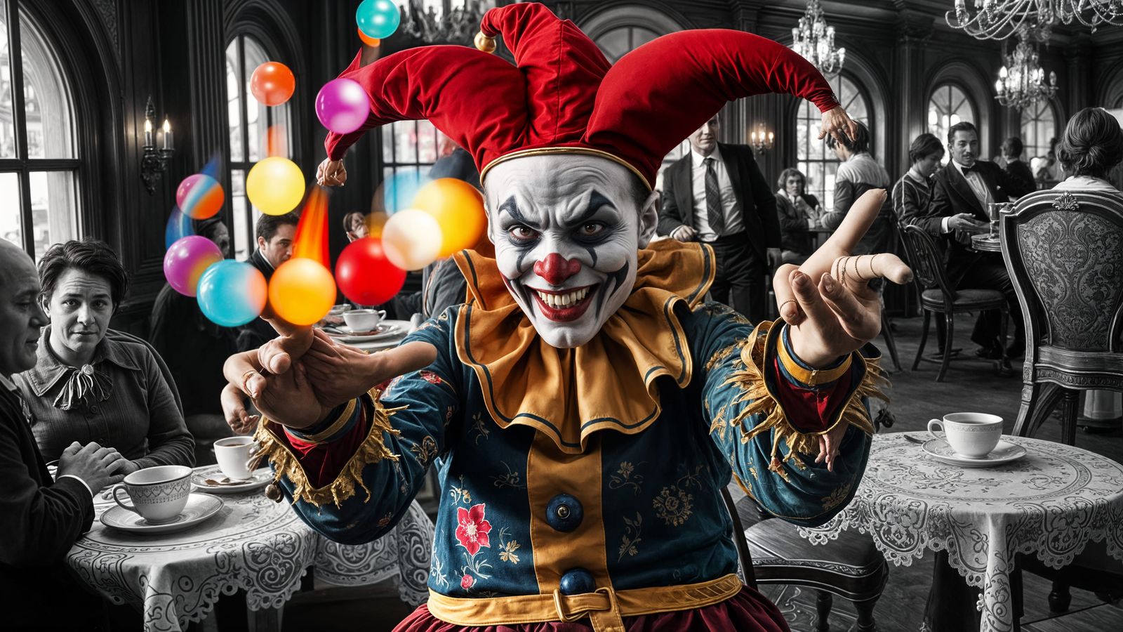 Jester's Whirling Juggling Act in a Vienna Kaffeeh... - AI Art