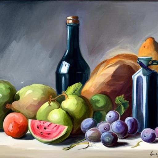 water color painting of still life of cornucopia overflowing with food ...