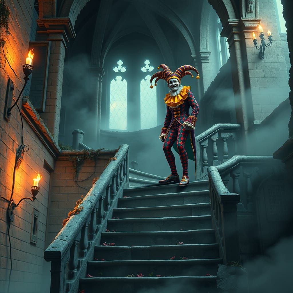 Gothic Court Jester in Haunted Castle - AI Art