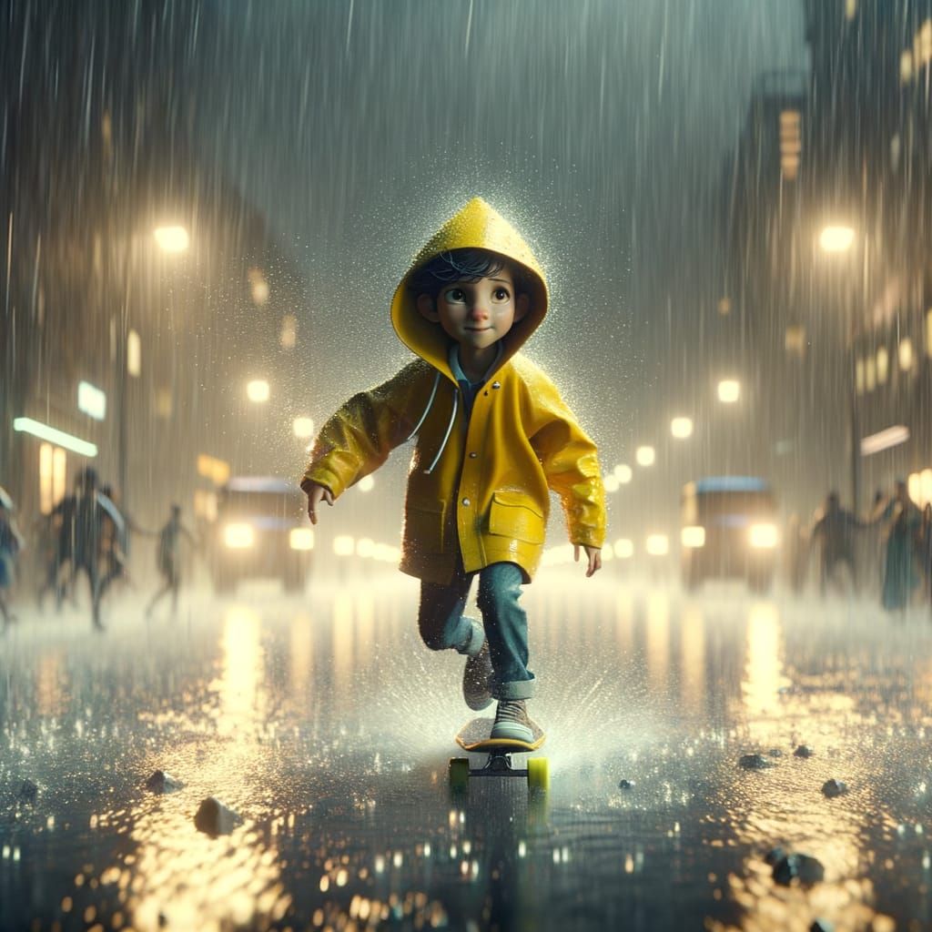 Young boy CGI cartoon boy on a skateboard in a rainstorm - AI Generated ...