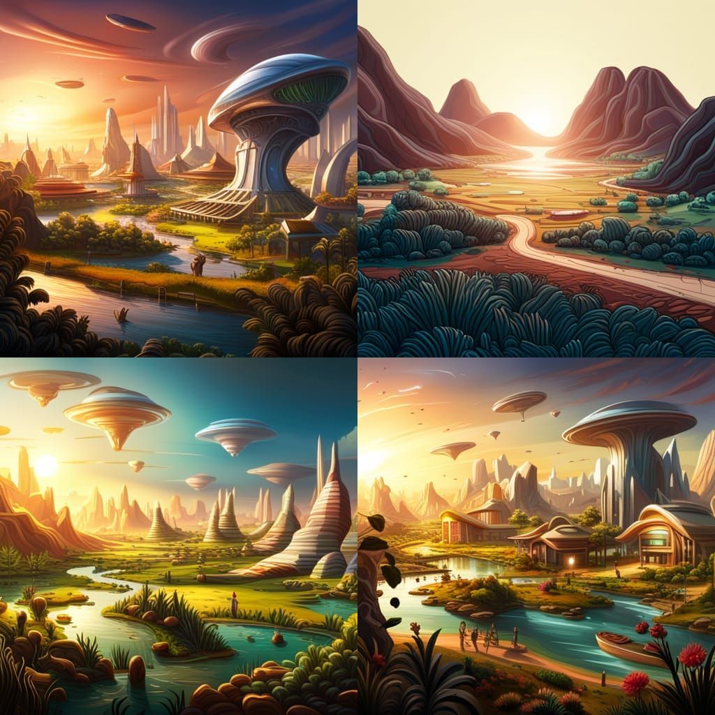 An alien landscape with biodiverse farmland and futuristic villages ...