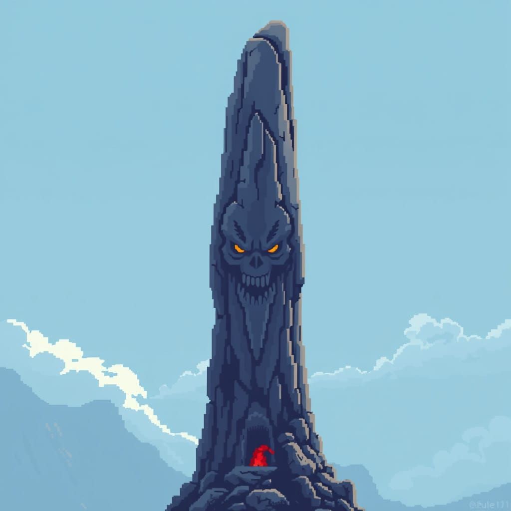 pixel art giant elongated, thin stalagmite with a demonic face carved on it