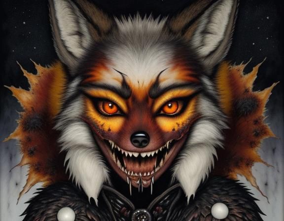 A damaged jackal-fox-wolf-hybrid mask, punk-goth, furry art, the ...
