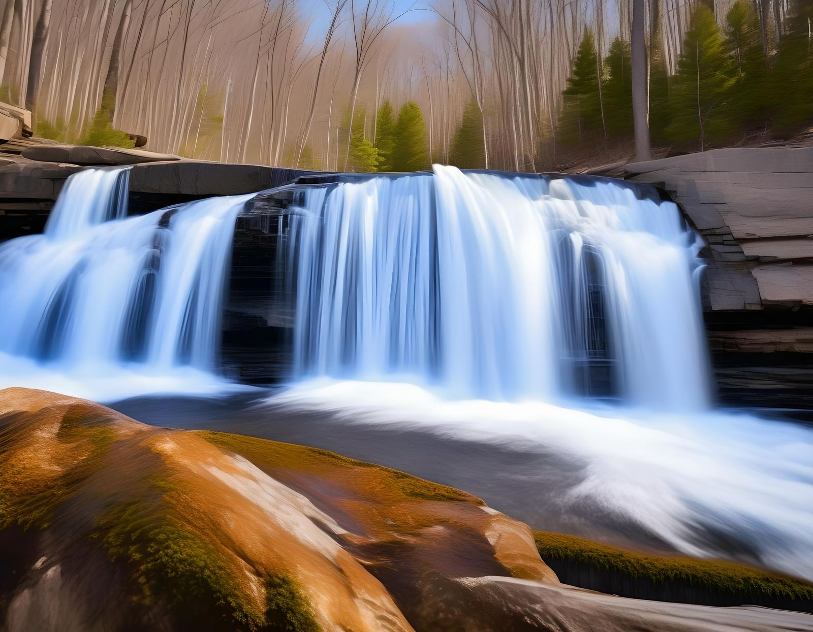 A Crisp Upper Michigan waterfall as spring starts on a clear day with ...