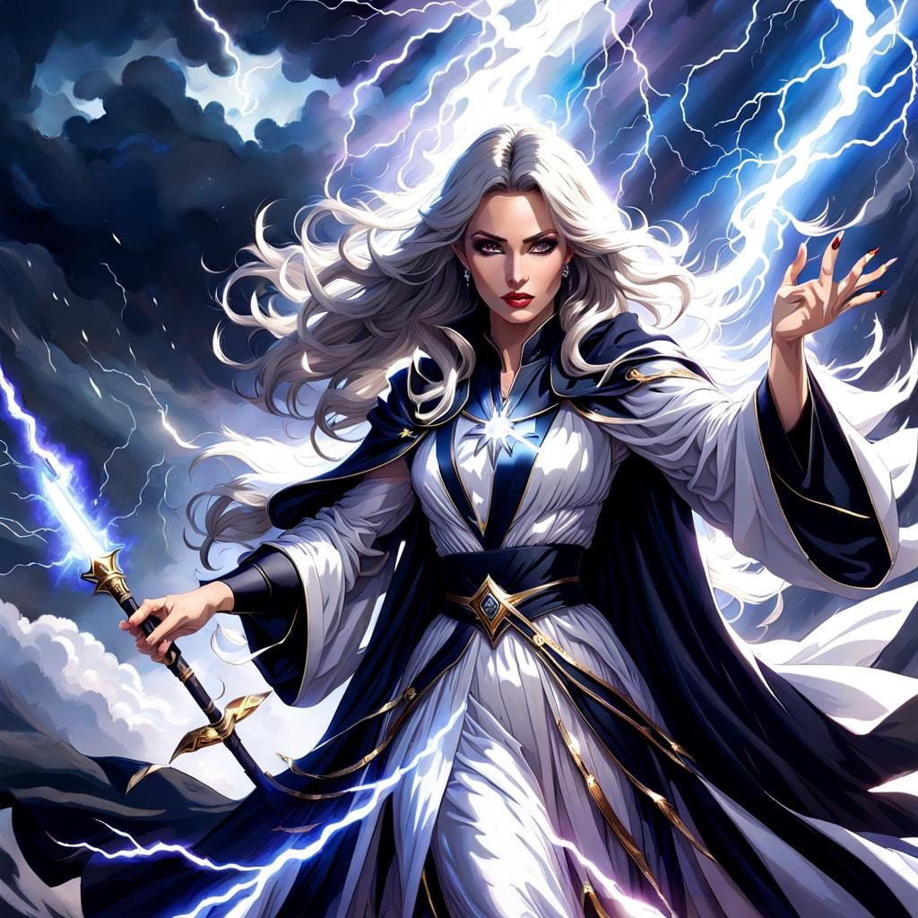 Magnificent powerful Witch, wearing a flowing silver robe, dark eyes ...