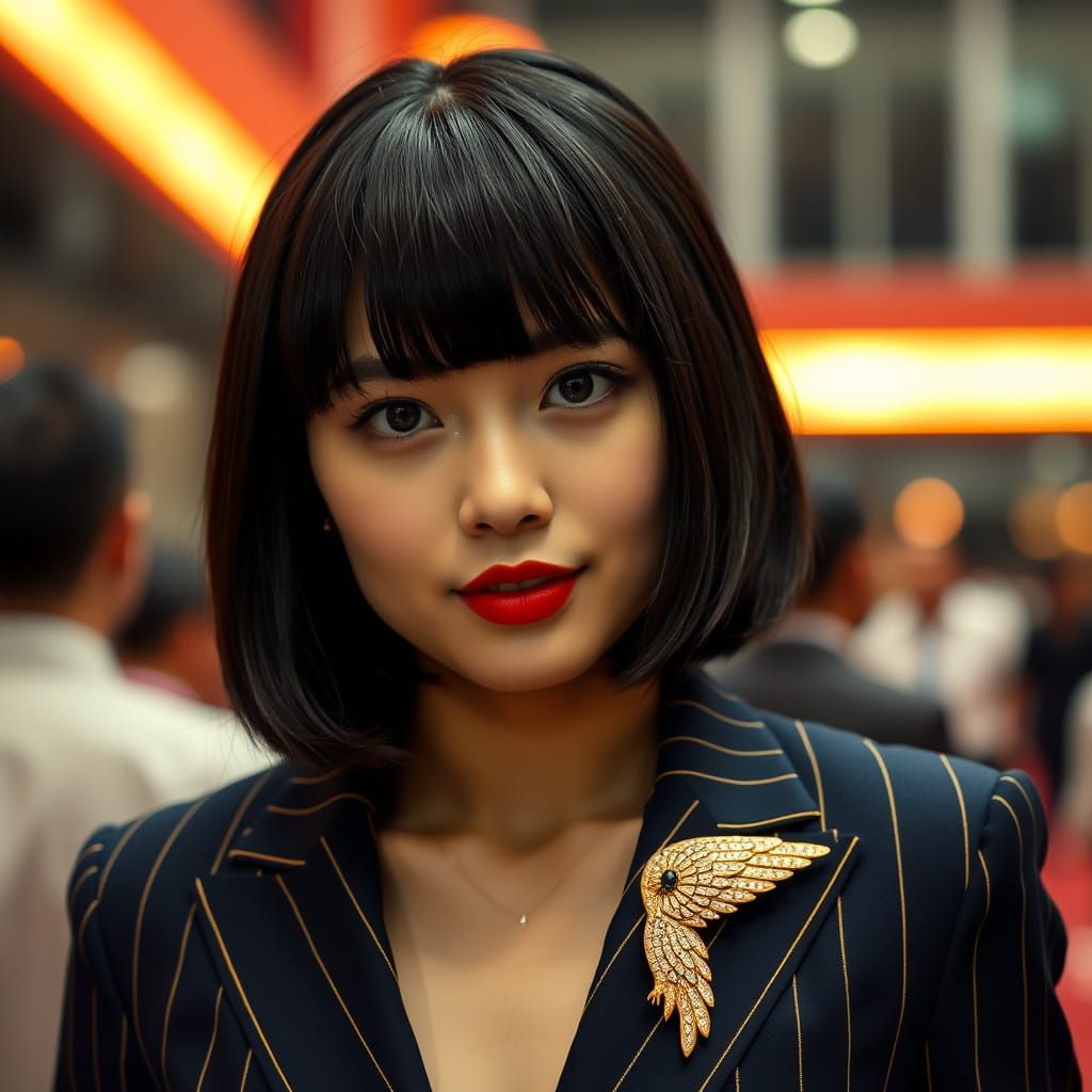 19 year old Vietnamese woman with a bob with bangs A dark indigo and gold striped suit, complete ...