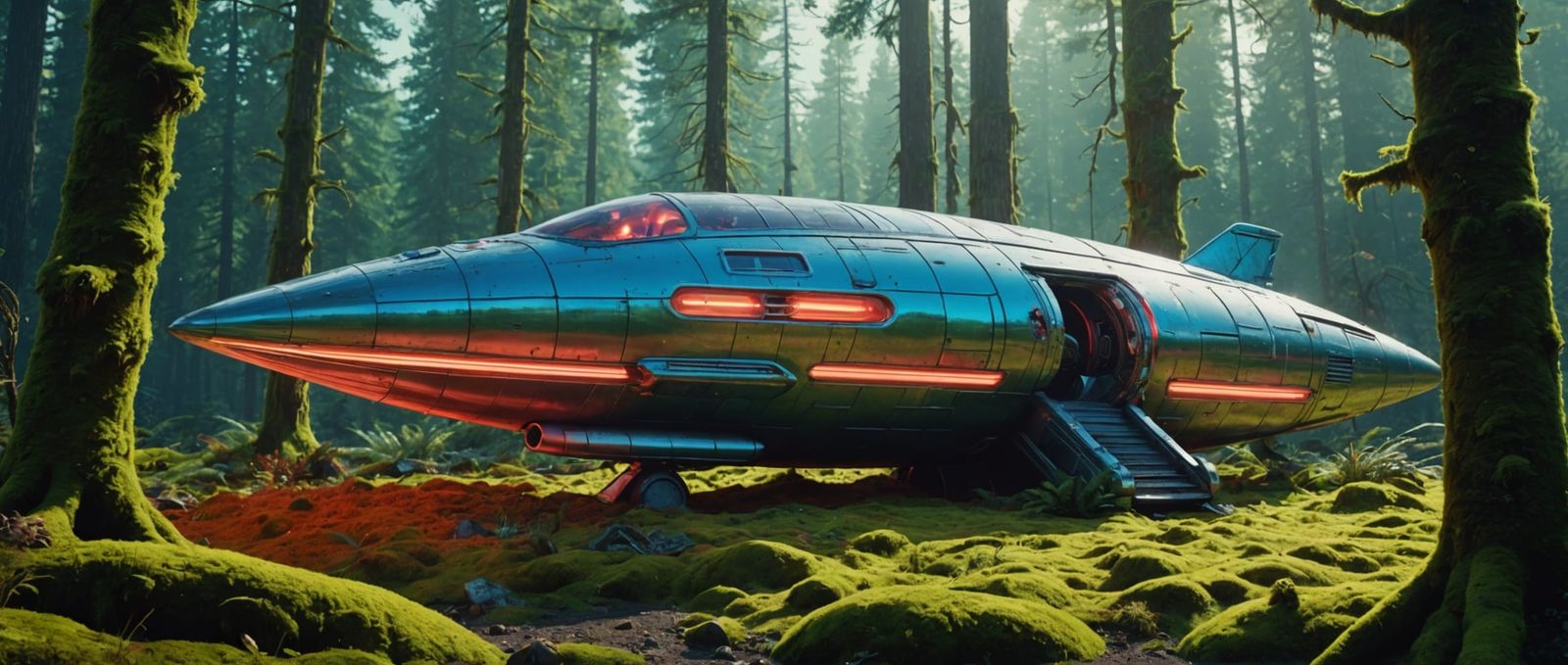 An abandoned retro pulp rocketship with neon accents, crashed into the ...