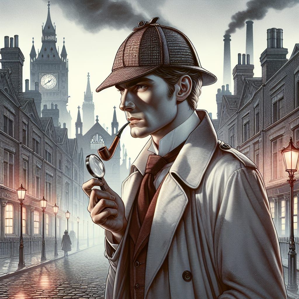 Sherlock Holmes walking the streets of Victorian London wearing a ...