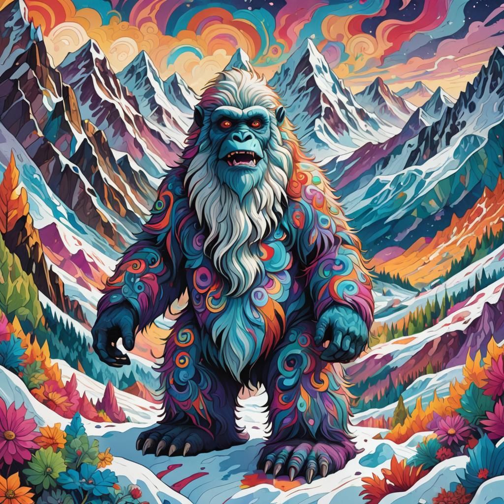 A trippy, surreal illustration of a yeti with vibrant, swirling ...