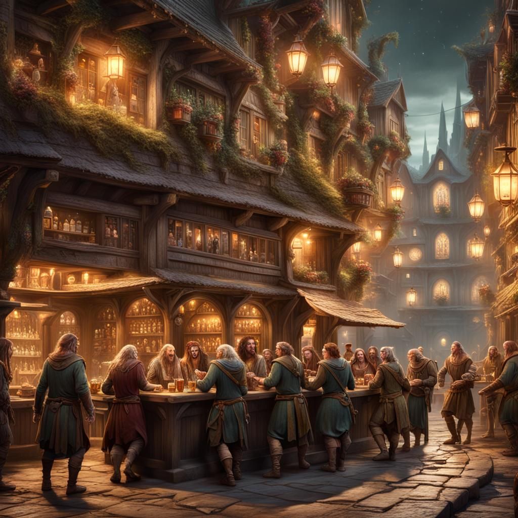 Humans, elves and Hobbits laughing together and going to a bar at night ...
