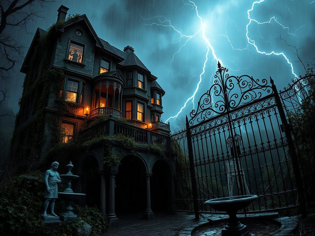 A dilapidated Victorian-era mansion perched atop a hill, its facade covered in vines and peeling ...